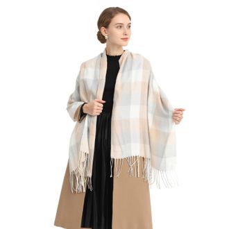 Miss Lulu Damen Schal Winter, weich warm kariert Oversized, Schottenkaro Wolle, lange gedrehte Fransen Stola, Deckenschal f&uuml;r Damen (Beige)