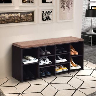 Costway Schuhbank mit 10 F&auml;chern & Sitzkissen, verstellbarem Ablage, Schuhregal, 104cm Braun