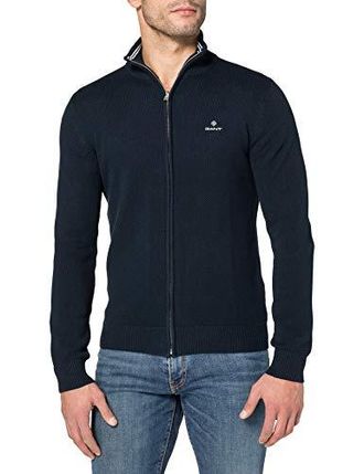GANT Cardigan en Coton piqué zippé Sweater, Bleu Nuit, XXXL Homme