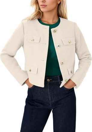 Generic Vestes pour femmes 2026 unies col rond avec bordure boutonn&eacute;e courte - Veste polyvalente pour le week-end, blanc, XS