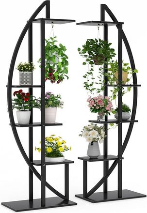 Tribesigns Blumenständer, 2 Stück Pflanzenregal mit 5 Ebenen und 2 Haken, 160cm Hoch Pflanzenständer Metall Blumenregal für Indoor Balkon Boden Blumentreppe Wohz