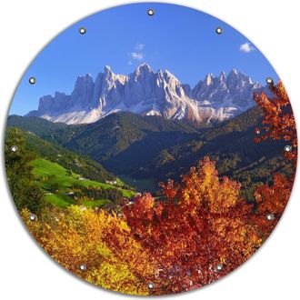 Wallario rundes Outdoor-Poster für Garten oder Balkon Herbst im Gebirgstal unter blauem Himmel, Motivbanner 90 cm Durchmesser