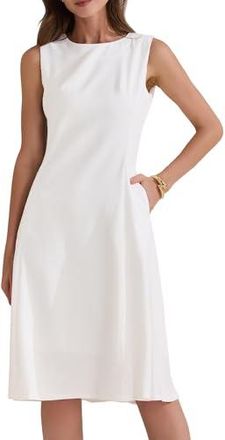 Allegra K Robe Mi-Longue Femme Business Robe Trapèze dÉté Élégante Col Rond sans Manches pour Bureau Blanc M