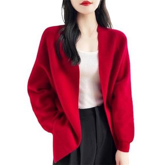 Generic Cardigan en laine pour femme 100 % laine tricot&eacute;e ample confortable col en V, Rouge, Taille XS