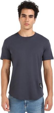 Calvin Klein T-Shirt Manches Courtes Homme Badge Turn Up Sleeve Col Ras-du-Cou, Bleu (India Ink), XXS