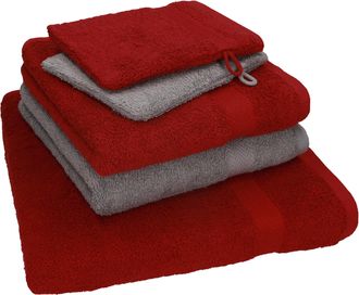 Betz 5 TLG. Handtuch Set Single Pack 100% Baumwolle 1 Duschtuch 2 Handtücher 2 Waschhandschuhe dunkelrot - anthrazit grau