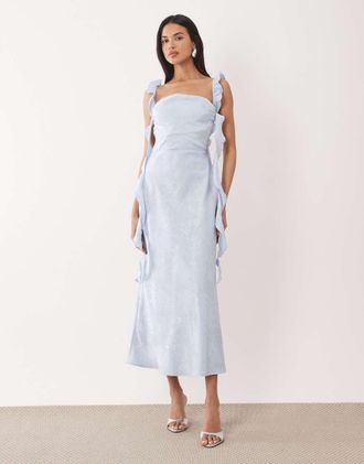 Ra-Re London - Robe fronc&eacute;e et drap&eacute;e en satin &agrave; motif floral en jacquard avec bordures dentelle - Bleu clair