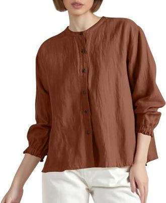 Generic Vestes r&eacute;tro boh&egrave;me en lin pour femmes, coupe ample, col rond, manches retrouss&eacute;es, mode printemps automne 2026, caf&eacute;, 3XL