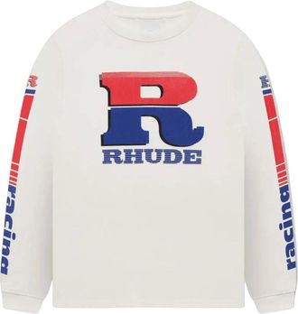 Rhude Homme, Sweatshirts et sweats &agrave; capuche, Blanc, Taille: XL Split Petrol Logo LS Tee