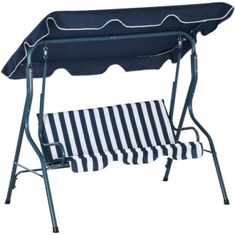 OUTSUNNY Balancelle de jardin 3 places coussins assise dossier bleu blanc ray&eacute;