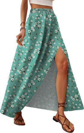 Zeagoo Damen Rock Elegant Sommer Langrock Elastisch Taille Boho Blumen Midirock Lässig Hohe Schlitz Röcke A-Line Leicht Maxi Strandrock Hellblau Blumenmuster