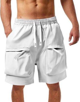 Generic Short d&eacute;t&eacute; cargo pour homme, pantalon de combat uni avec cordon de serrage, taille &eacute;lastique, longueur genou, short pour la gym, le motard, la course 