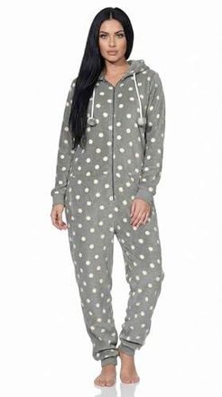 Normann Pyjama pour femme, combinaison, aspect pois, en polaire corail chaude et douillette, gris, 42-44