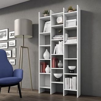 Dmora Buchhandlung Rockford, B&uuml;cherregal mit 18 Regalen, Regal mit quadratischen F&auml;chern, Modernes B&uuml;roregal, cm 96x29h192, Wei&szlig;