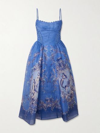 Zimmermann Jupe Midi En Lin Et Soie M&eacute;lang&eacute;s Imprim&eacute;s &Agrave; Plis, Ornements Et Lacets Rebellion - Bleu
