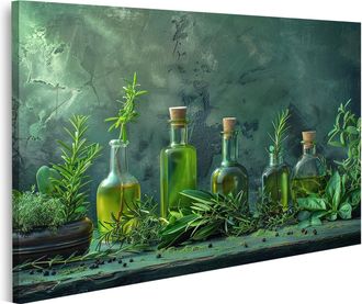 Islandburner Bild auf Leinwand Kräuter und Ölflaschen auf dunklem Hintergrund für Küche Feinschmecker Restaurant Bilder Wandbilder Poster