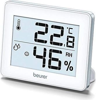 Beurer HM 16 Thermo-Hygrometer, Raumklimakontrolle mittels Temperaturanzeige und Luftfeuchtigkeit, Smiley-Anzeige, Silber, 99 x 81 x 11 mm | 1er Pack