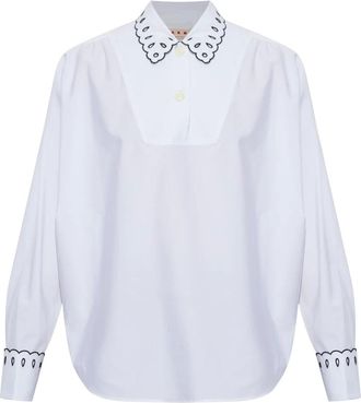 Marni Chemise en popeline &agrave; demi-patte de boutonnage et broderie anglaise - Femme - Blouses et Chemises - Blanc - Taille: 34 FR