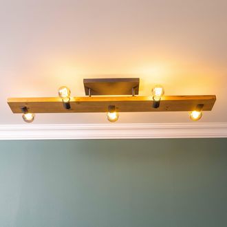 Lightbox LED Deckenlampe im Landhaus Stil - 115 x 12,5 x 16 cm - rustikale Deckenleuchte mit Holzbalken - 5 x E27 Fassung - aus Aluminium/Metall/Holz in Schwar