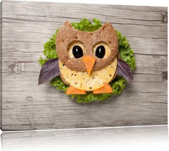 Pixxprint das lustige Eulen Sandwich, Gr&ouml;&szlig;e: 80x60cm, Leinwandbild, fertig gespannt, Wandbild, Dekoration, Kunstdruck, kein Poster
