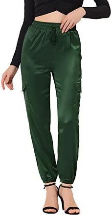 Allegra K Pantalon Cargo &eacute;lastique Taille Haute en Satin Soyeux avec Cordon de Serrage pour Femmes Vert fonc&eacute; L