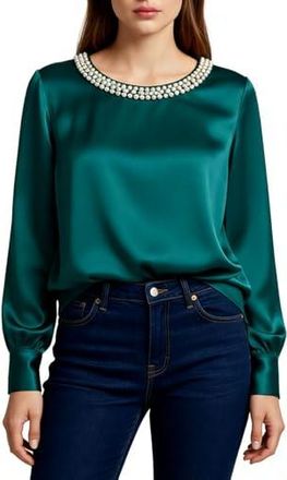 Generic Haut &eacute;l&eacute;gant en satin avec perles synth&eacute;tiques et col rond pour femme - Manches longues - Pour le travail et le bureau, Vert, XXL