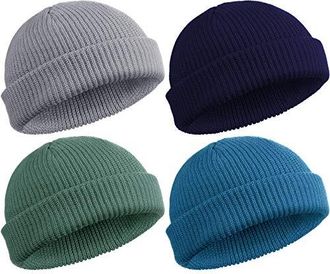 Satinior 4 Pi&egrave;ces Bonnet de Trawler Watch Cap Chapeau de Cr&acirc;ne &agrave; Revers Bonnet de P&ecirc;cheur Unisexe (Bleu Lac, Gris Vert, Bleu Marine, Gris)