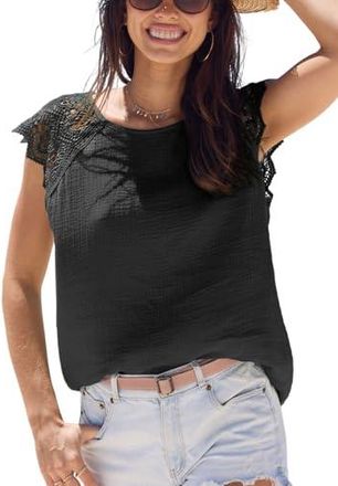 Cupshe Chemisier dété décontracté en coton à col rond pour femme, Noir, L