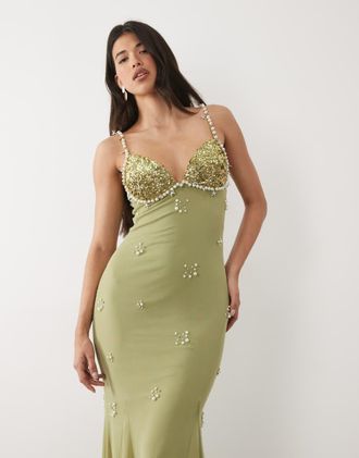 Asos Robe &agrave; bretelles en tulle avec perles nacr&eacute;es - Sauge-Pas de couleur