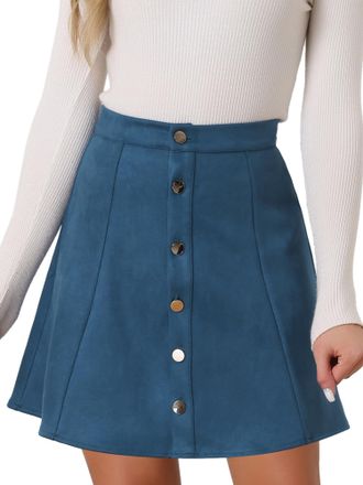 Allegra K Damen Winterrock A-Linie Hohe Taille Wildleder Knopfleiste Minirock Rockabilly Mini Rock Pfauenblau XS
