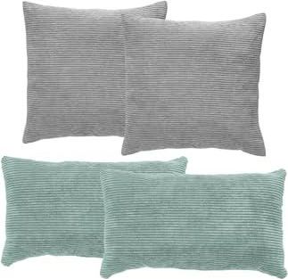 Andiamo Kissen-Set Emy in Cord-Optik - Sofakissen mit F&uuml;llung Bezug - Zierkissen Set Dekokissen Kopfkissen - 2X 40 x 40 cm in grau + 2X 30 x 50 cm in Salbei