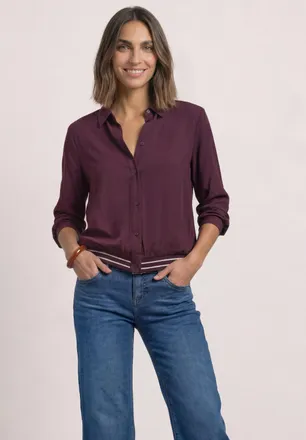 Street One Langarmbluse STREET ONE, Damen, Gr. 34, rustic rouge, Stoff, 100% Viskose, unifarben, klassisch normal, V-Ausschnitt, B&uuml;ndchen, Blusen, mit Elastikbun