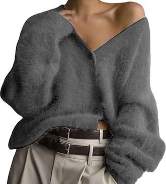 Generic Cardigan en Fourrure pour Femme, Pull Ample et Moelleux, avec Boutons, col en V, pour Le Printemps