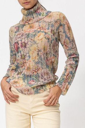 Twinset Rollkragenpullover aus Wollmischung mit Blumenmuster und langen &Auml;rmeln