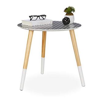 Relaxdays schwarz/weiß/Natur Beistelltisch rund, dekoratives Muster, Holztisch niedrig, Dreibein Tisch, HxD 45x48 cm, 45 x 48 x 48 cm