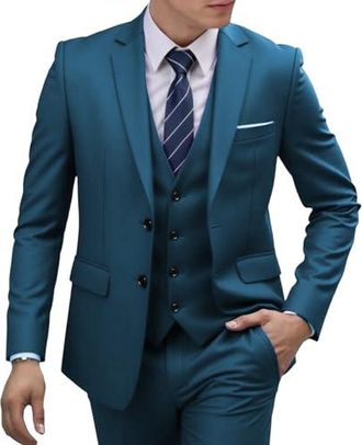 Generic Ensemble 2 pi&egrave;ces pour homme - Coupe ajust&eacute;e - &Eacute;l&eacute;gant costume de mariage daffaires formel - Smoking simple boutonnage - Blazer et pantalon, Bleu 2, 3