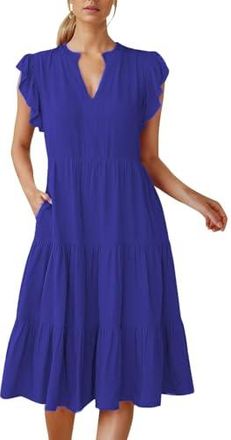 Generic Robe d&eacute;t&eacute; pour femmes - Robe midi &agrave; manches volant&eacute;es et col en V - Coupe fluide et d&eacute;contract&eacute;e, style boh&egrave;me, vacances de plage, robe ample pour fem