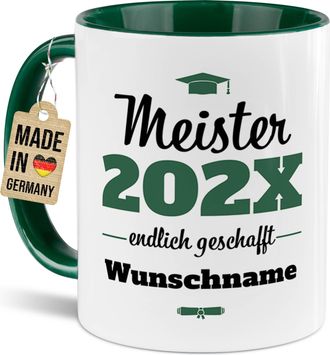 Tassendruck Tasse mit Spruch - Meister - Endlich geschafft - mit Name & Abschlussjahr selbst gestalten - Geschenk zur bestandenen Meisterpr&uuml;fung, Innen & Henkel D