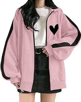 Generic 2026 Vestes &agrave; capuche pour femmes avec fermeture &eacute;clair et fermeture &eacute;clair, veste ample streetwear grande taille, rose, XXL