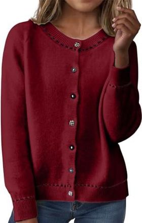 Generico Pull en tricot léger à manches longues pour femme avec boutons et col rond pour lhiver Cardigan en tricot doux avec col en V et boutonnage, rouge, Tai