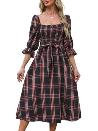 Cupshe Robe longue pour femme - Col carr&eacute; - Smock&eacute; - Ceinture - Manches trompettes 3/4 - Coupe trap&egrave;ze, bleu marine, Taille M