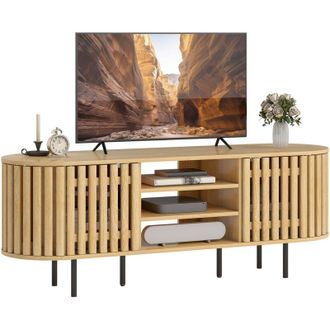 HOMCOM Meuble TV - HOMCOM - pour t&eacute;l&eacute;viseur jusqu&agrave; 60 pouces - 2 portes et 3 niches - panneau de particules - 140x40x52cm - bois naturel
