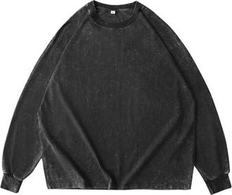 Generic T-shirt pour homme en pur coton couleur unie ample &agrave; manches longues col rond avec base, sweat &agrave; capuche fin, Noir, 3XL