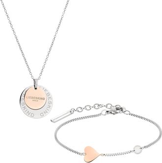 Liebeskind BERLIN Schmuck-Set - Halskette mit zwei Coins und Armband mit Herz-Anh&auml;nger - Bicolor Silber/IP Ros&eacute;gold - Gliederkette verstellbar bis 45 cm - wasser