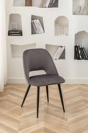 Demeyere 2 graue Esszimmerst&uuml;hle aus Samt - 4 Schwarze Metallbeine - H&ouml;he der Kufen verstellbar - gro&szlig;z&uuml;gige Polsterung f&uuml;r Bequeme St&uuml;hle aus Samt