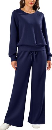 SHEKINI Trainingsanzug Damen Rundhals Sweatshirt und Jogginghose Kleidungsset Langarm Oberteil und Weite Hose Einfarbig Hausanzug Zweiteiler Tracksuit Set Out