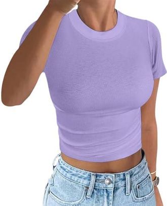 Generic Demi-chemises amincissantes d&eacute;contract&eacute;es pour femme 2025 - Coupe ample - Pour l&eacute;t&eacute; - Sportif - Tendance - Manches courtes - &Eacute;l&eacute;gant - T-shirt color&eacute; 