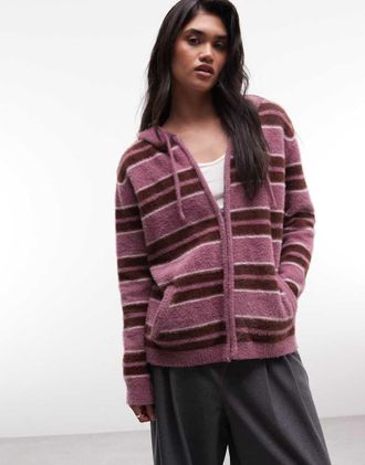Daisy Street flauschige Strickjacke mit Rei&szlig;verschluss und Kapuze in mehrfarbig gestreift-Multi