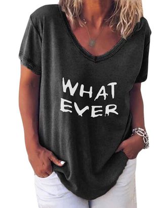 Minetom Damen Sommer Kurzarm Blusen T-Shirt V-Ausschnitte Loose Oversize Shirt Einfarbig Casual Brief Bedruckt Asymmetrisch Oberteile Top C Schwarz DE 48