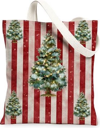 Generic Sacs fourre-tout en toile motif sapin de No&euml;l, sacs de courses r&eacute;utilisables, vintage, rustique, l&eacute;ger, lavable, toile pour cadeaux, &eacute;picerie, voyage,